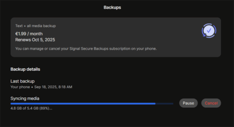Signal Desktop update: Signal Secure Backups now available in Settings